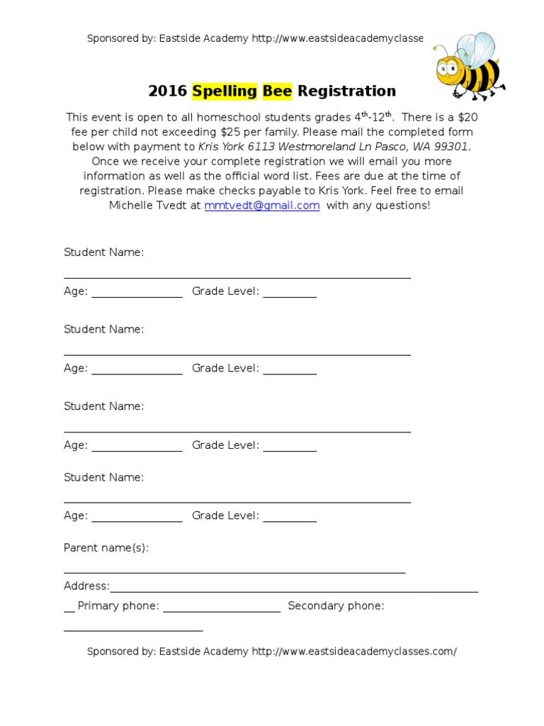 2016 Spelling Bee Registration | PDF
