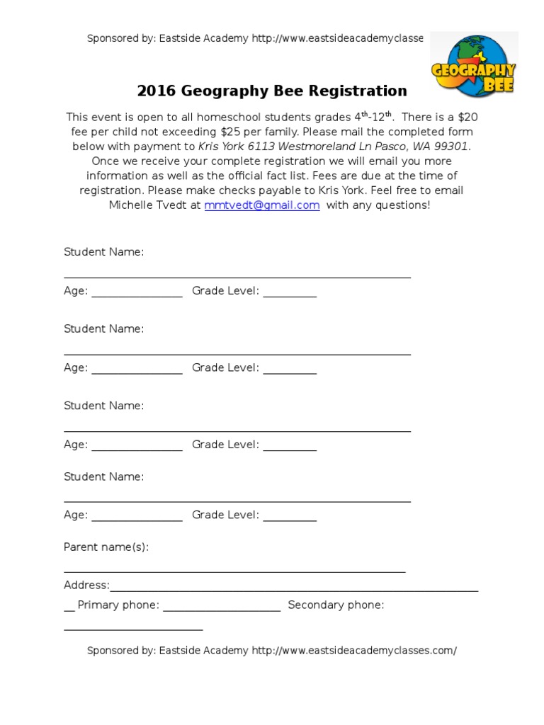 2016 Geography Bee Registration | PDF