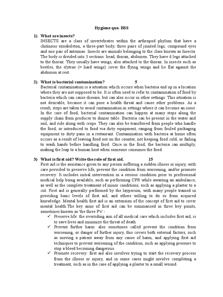 Hygiene Que. BSS 1) What Are Insects? | PDF | First Aid | Insects