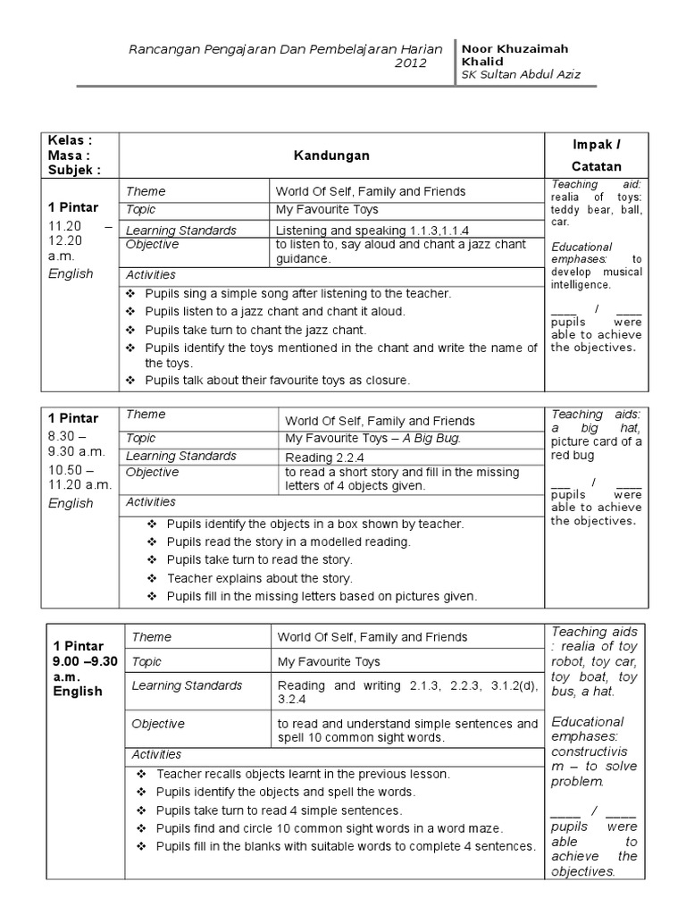 lesson notes English year 1 | English Language | Reading (Process)