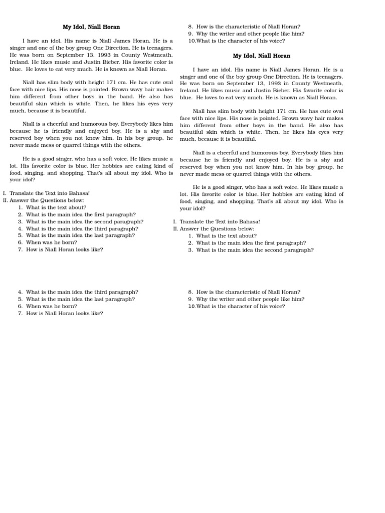 My Idol Descriptive Text | PDF | One Direction | Entertainment (General)