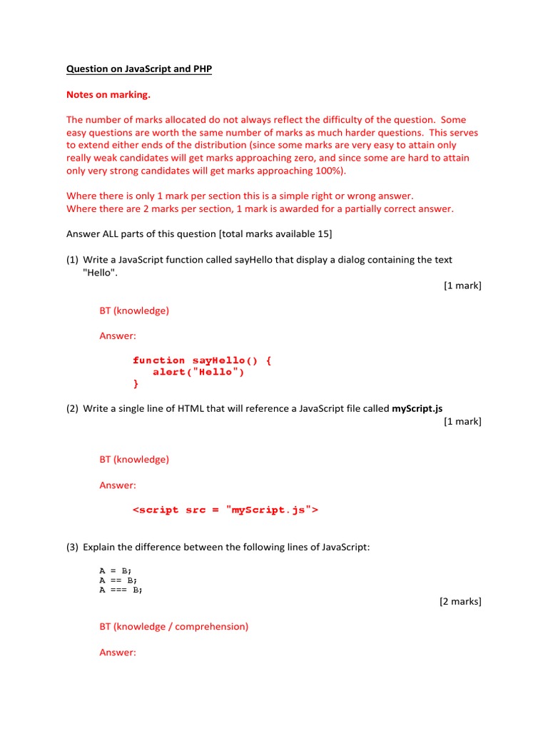 Notes On Marking.: Question On Javascript and PHP | PDF | Java Script | Php