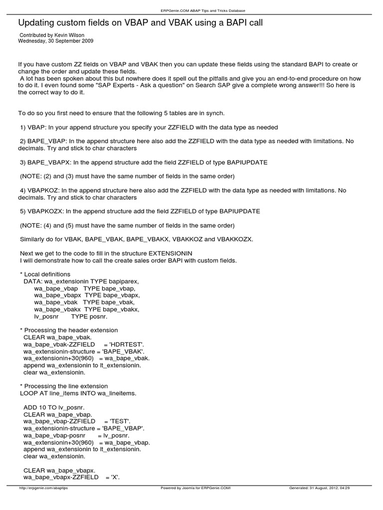 Updating Custom Fields On VBAP and VBAK Using A BAPI Call: Contributed ...