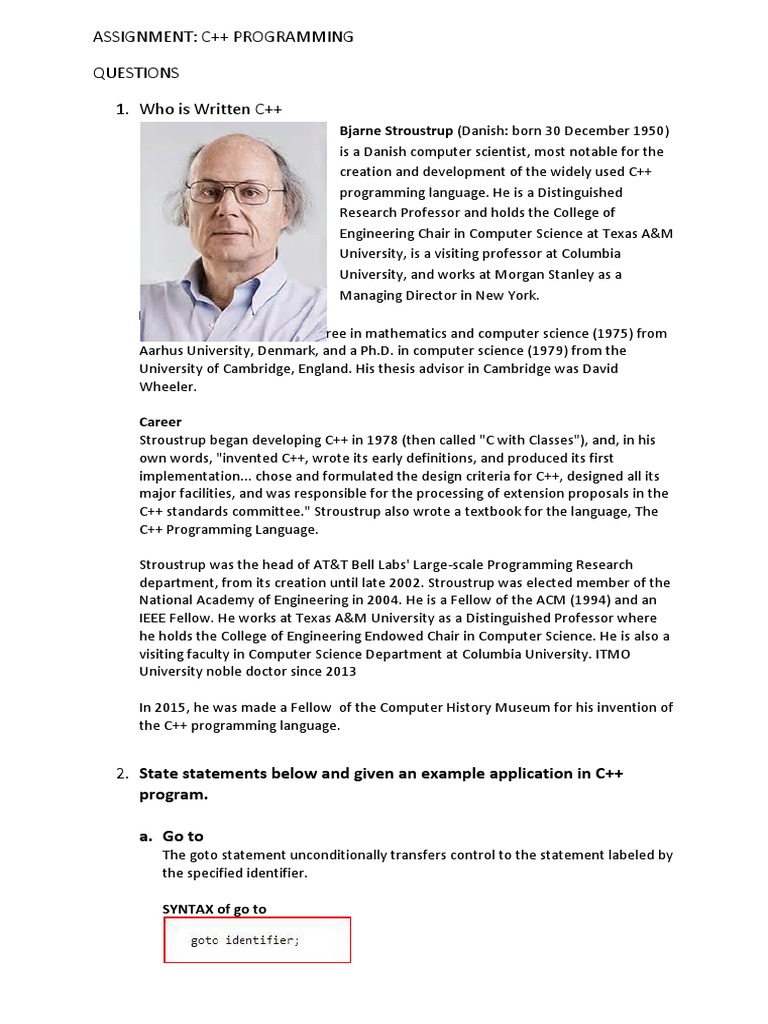 Assignment: C++ Programming Questions 1. Who Is Written C++ | PDF | Control Flow | Areas Of ...