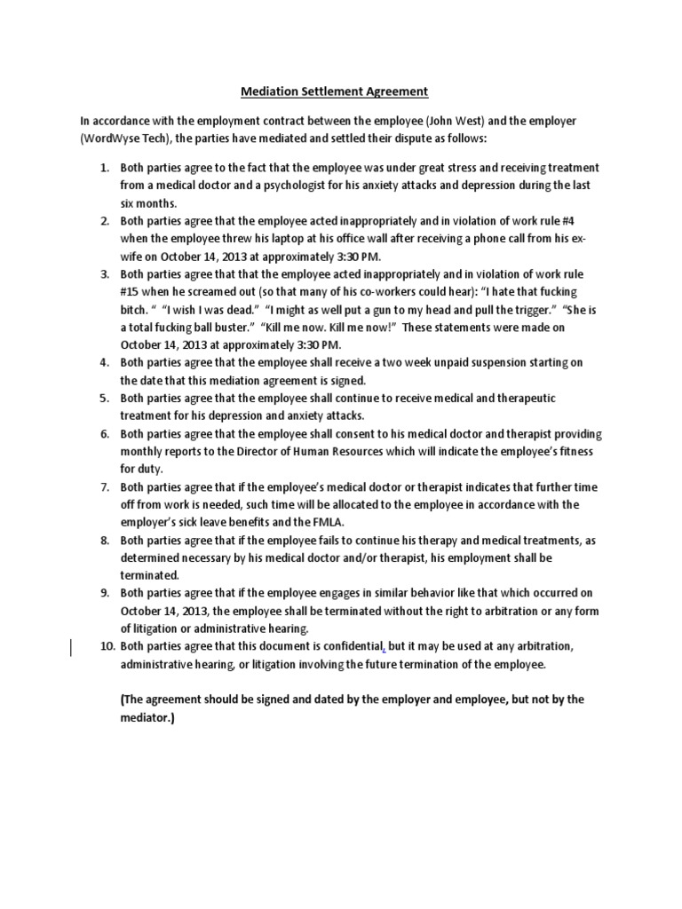 Mediation Settlement Agreement Template