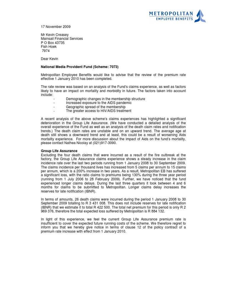 7073 National Media Provident Fund Rate Letter 1109 | PDF | Life ...