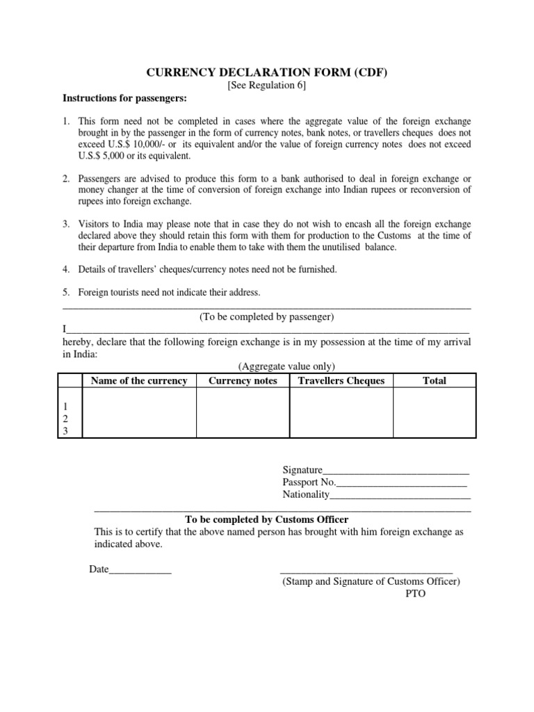 Currency Declaration Form (CDF) : Instructions For Passengers | PDF