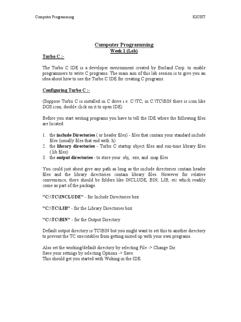 Computer Programming: Week 1 (Lab) Turbo C | PDF | C (Programming ...