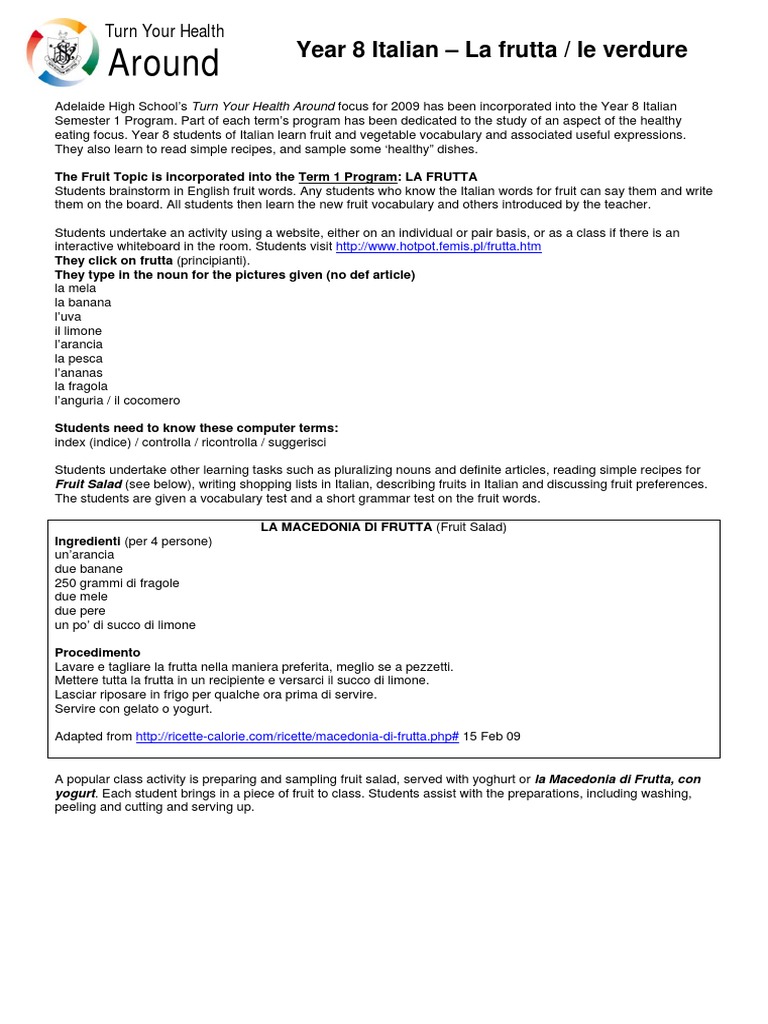 Around: Year 8 Italian - La Frutta / Le Verdure | PDF | Vegan Cuisine ...