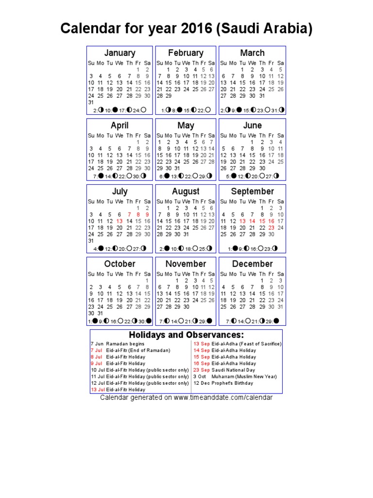 Year 2016 Calendar - Saudi Arabia | PDF | Science & Mathematics