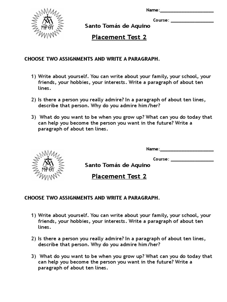 Placement Test Writing Prompts | PDF