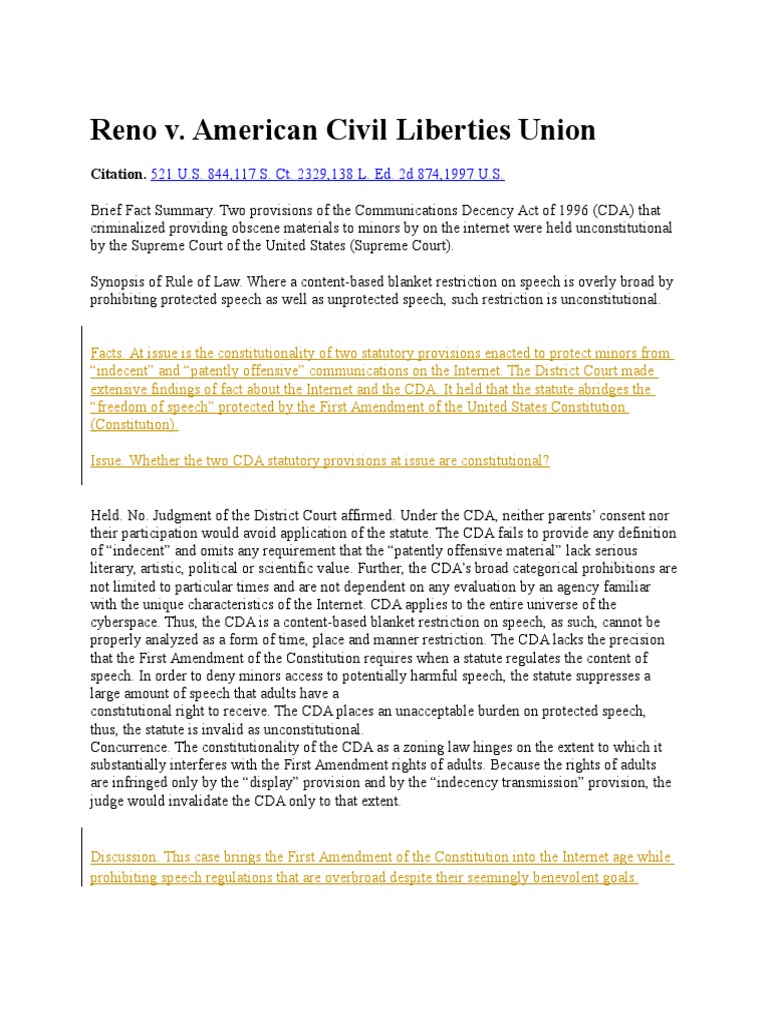 Reno v. American Civil Liberties Union: 521 U.S. 844,117 S. Ct. 2329 ...