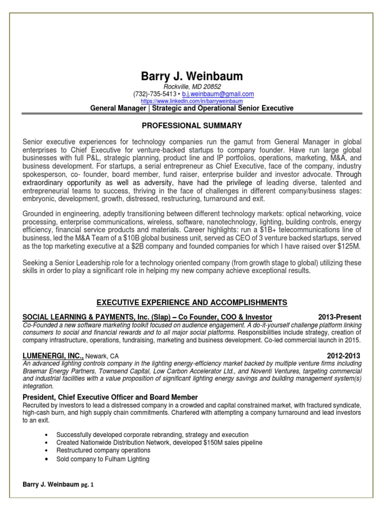 General Manager VP Operations in Washington DC Metro Resume Barry ...