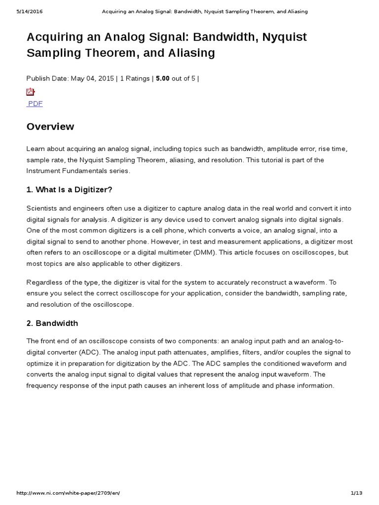Acquiring An Analog Signal Bandwidth, Nyquist Sampling Theorem, and Aliasing (National ...