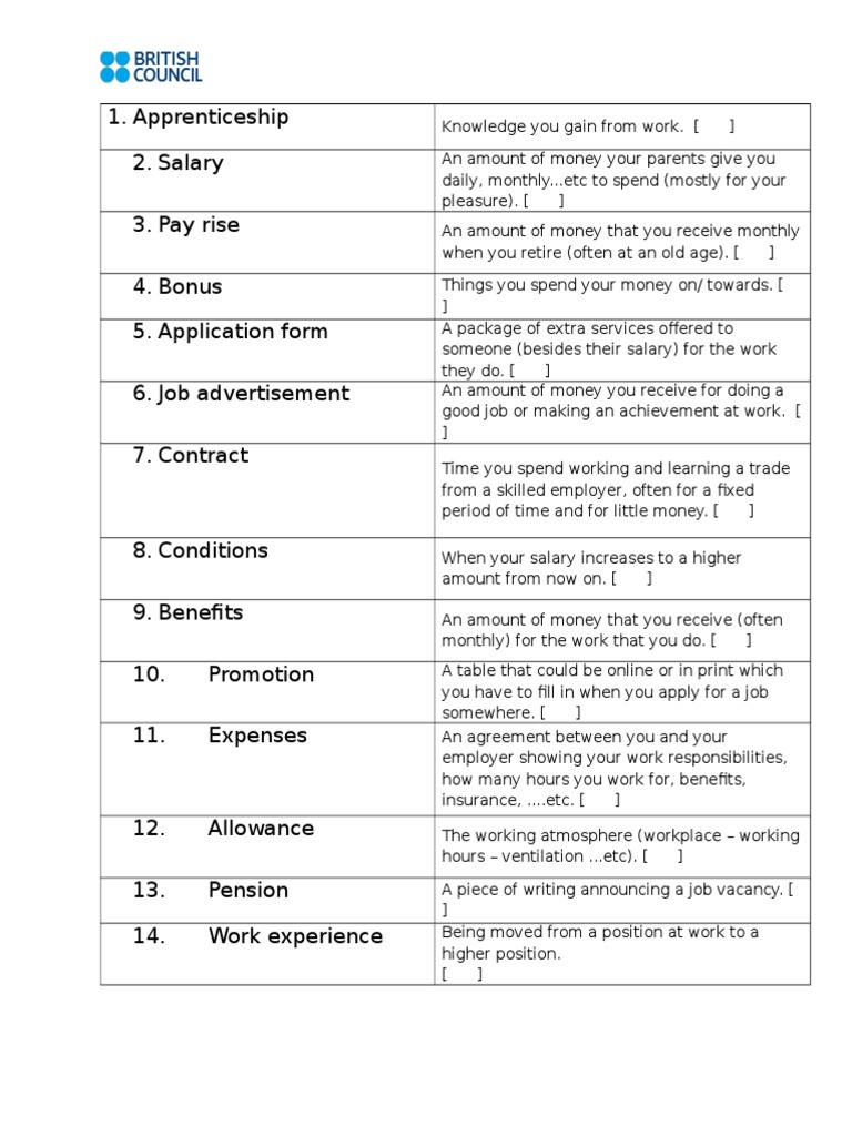 Vocabulary Exercise | PDF | Apprenticeship | Salary