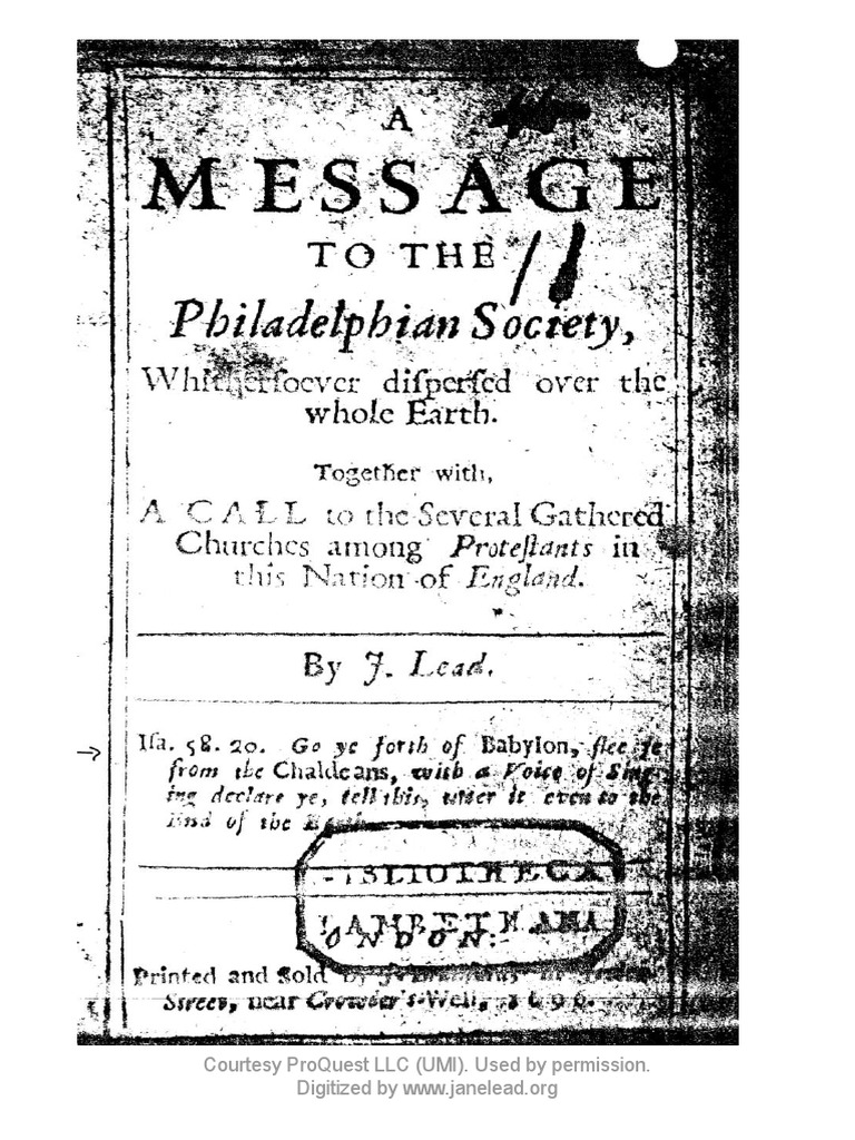 Jane Lead - 1st and 2nd Message To The Philadelphian Society ...