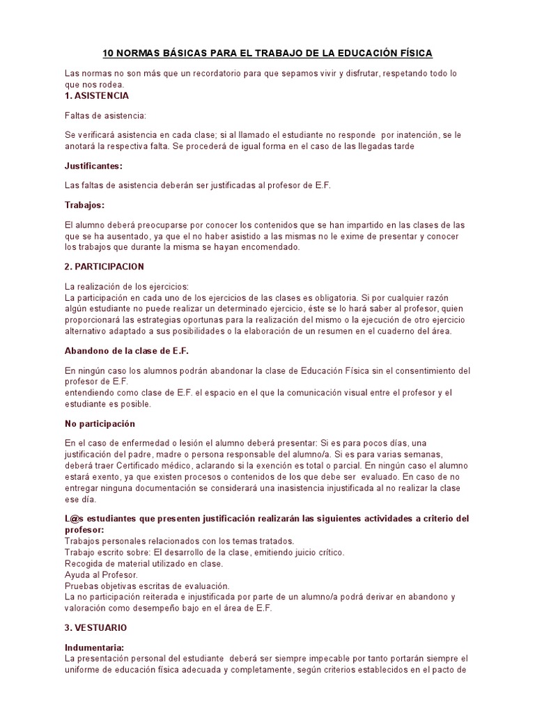 10 Normas Básicas de Educación Física | PDF | Educación Física | Maestros