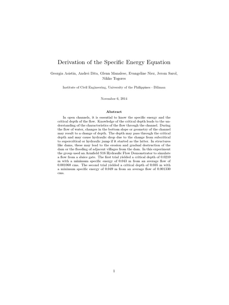 Derivation of The Specific Energy Equation | PDF | Discharge (Hydrology ...