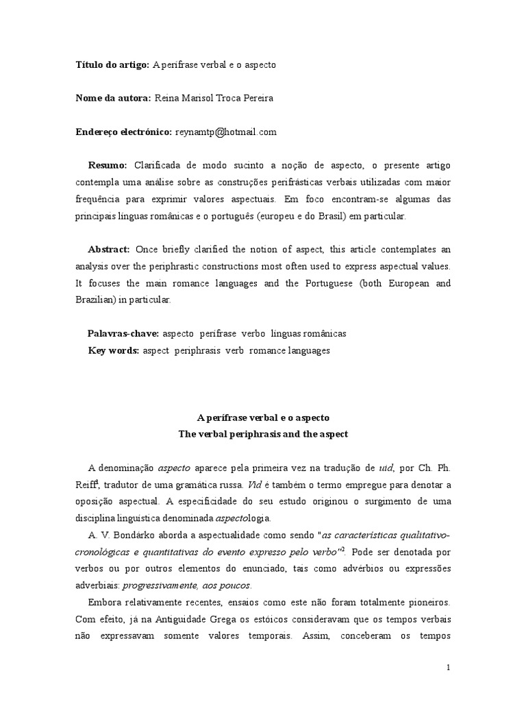 A Perífrase Verbal e o Aspecto | PDF | Tempo gramatical | Português ...