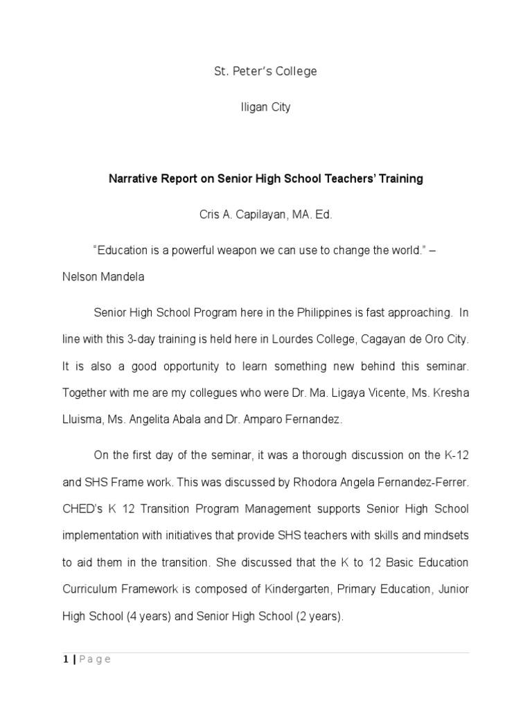 Narrative Report On Senior High School Teachers | PDF | Educational ...