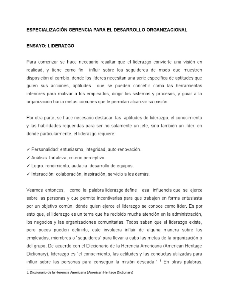 Ensayo Liderazgo | PDF | Liderazgo | Conceptos psicologicos