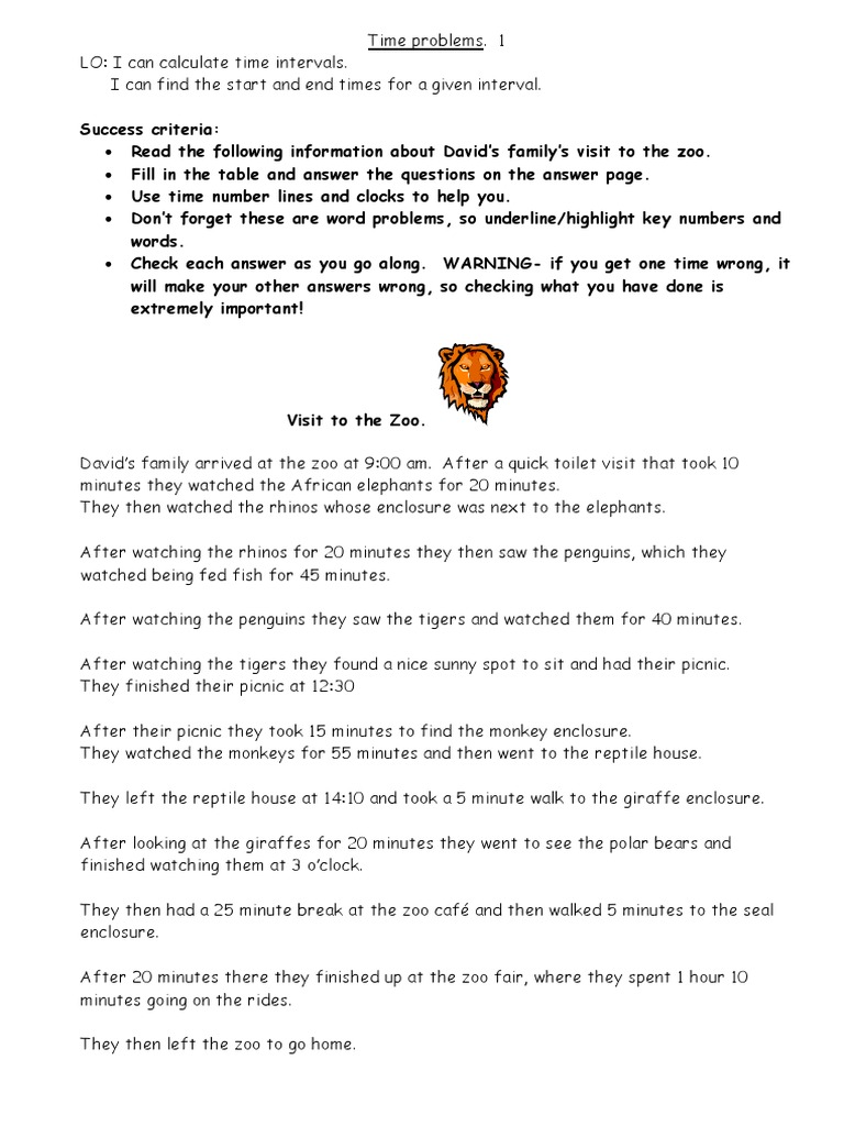 Zoo Visit Time Calculation Worksheet | PDF | Zoo | Elephant