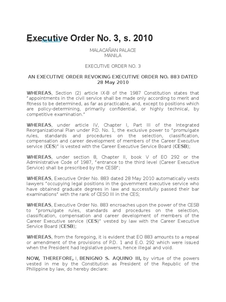 Revocation of Executive Order No. 883 | PDF