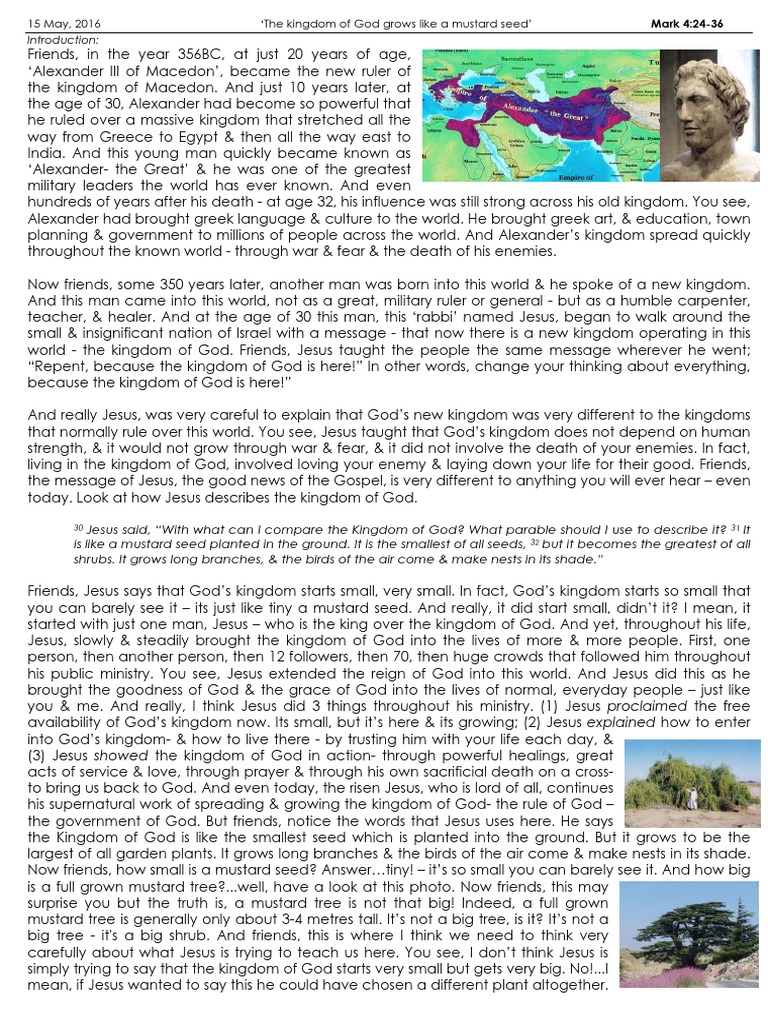 The Kingdom of God Grows Like A Mustard Seed Mark 4-24-36 | PDF | Jesus ...