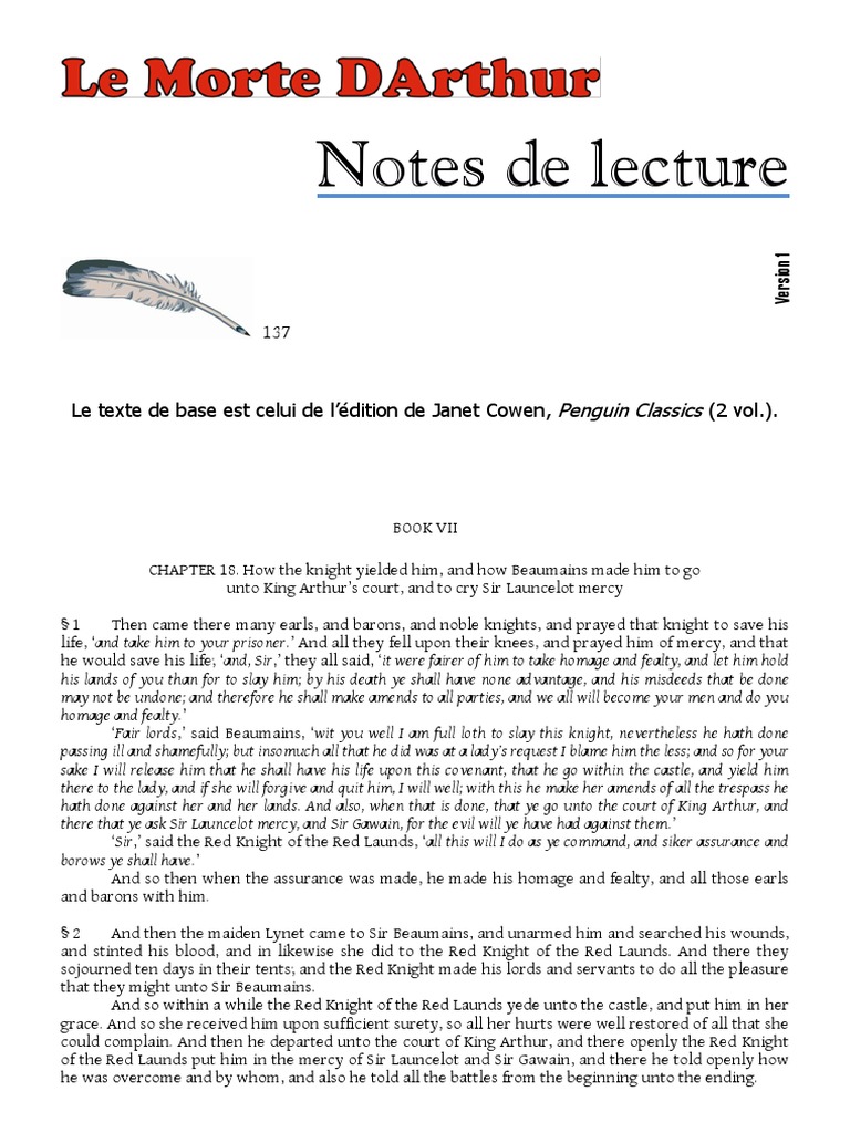 "Le Morte DArthur": Notes de Lecture Volet 137 | PDF | Chivalry | Oligarchy