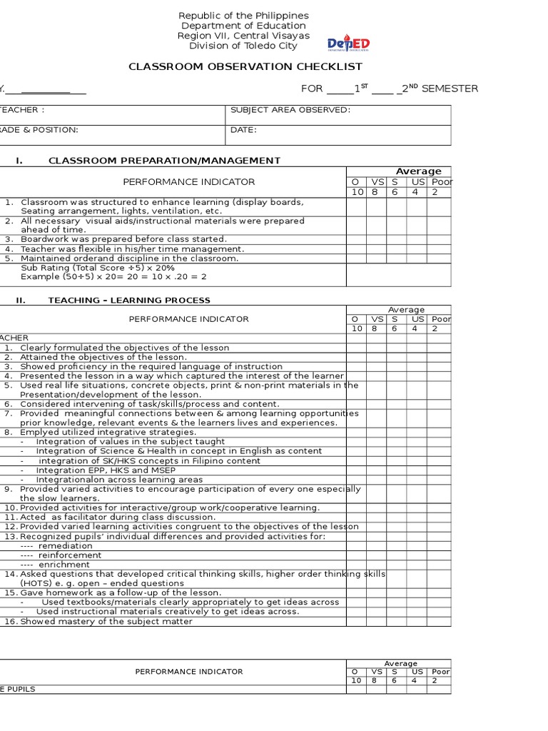 Classroom Observation Sheet | Educational Assessment | Learning