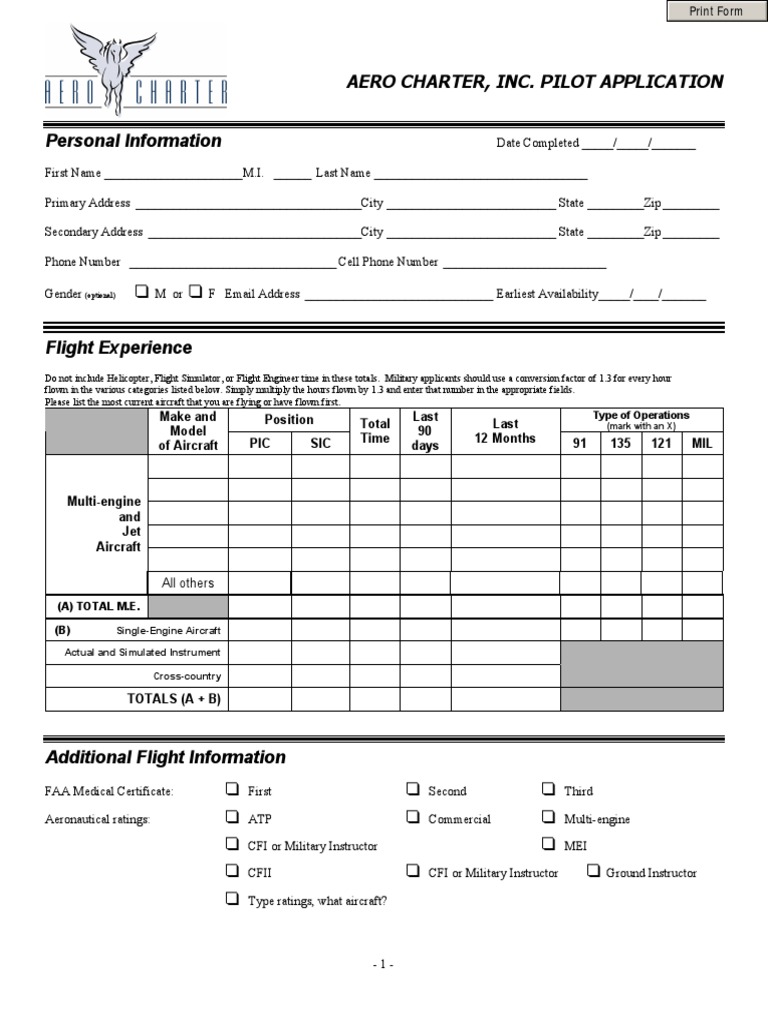 Personal Information: Aero Charter, Inc. Pilot Application | PDF ...