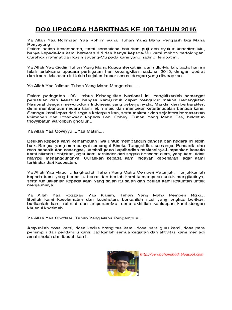 Doa Upacara Harkitnas Ke 108 Tahun 2016 | PDF | Ilmu Sosial | Pengembangan Diri