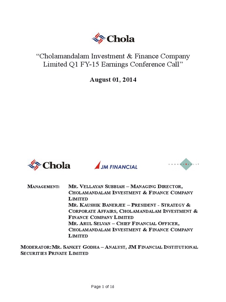 Cholamandalam Investment & Finance Company Limited Q1 FY-15 Earnings ...