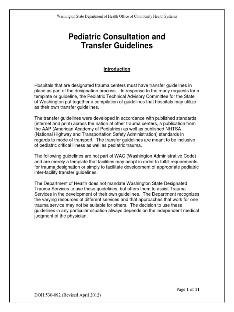 Pediatric Consultation and Transfer Guidelines: Washington State ...