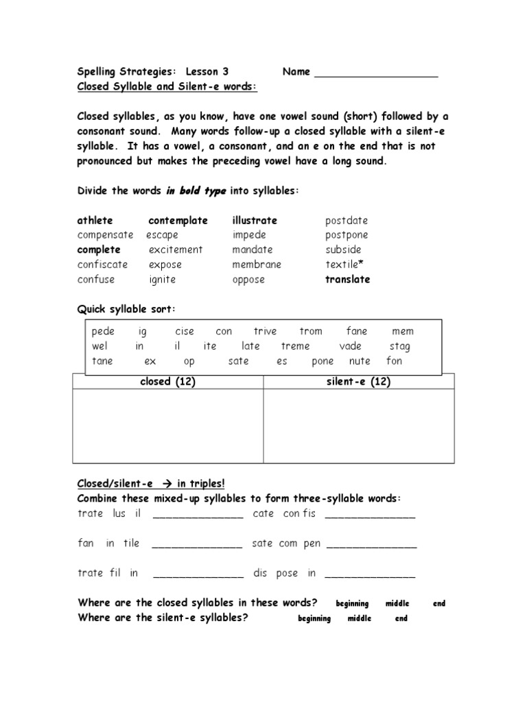 3 Closed - Silent E Syllables | PDF | Syllable | Consonant