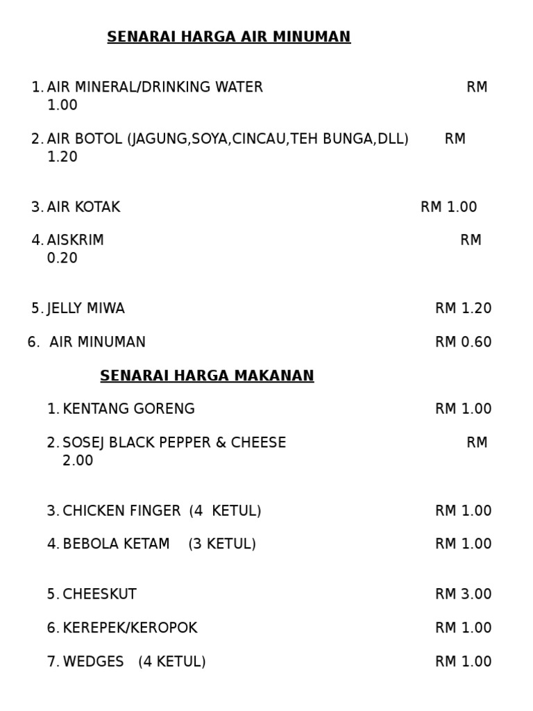 Senarai Harga Air Minuman Kiosk | PDF
