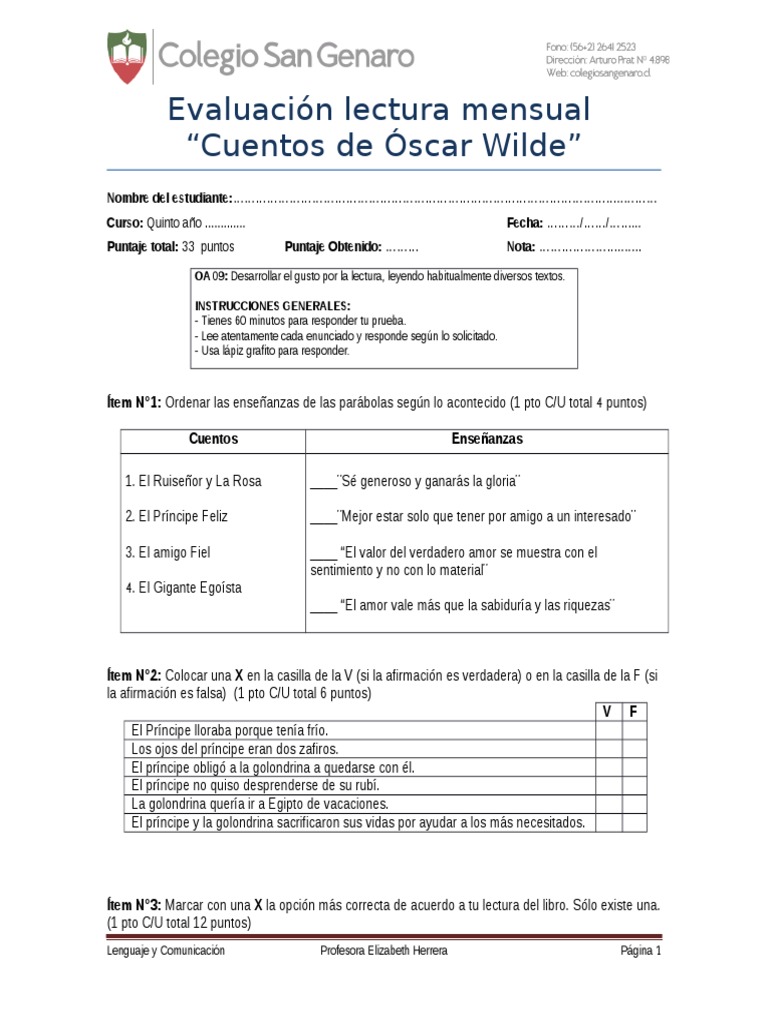 Evaluación de Cuentos de Óscar Wilde | PDF | Rosa | Amor