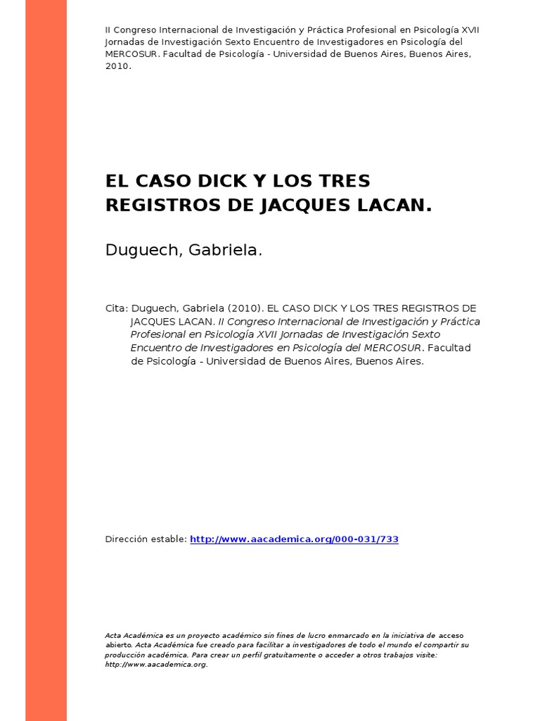 El Caso Dick y Los Tres Registros de Jacques Lacan | PDF | Jacques Lacan | Psicoanálisis