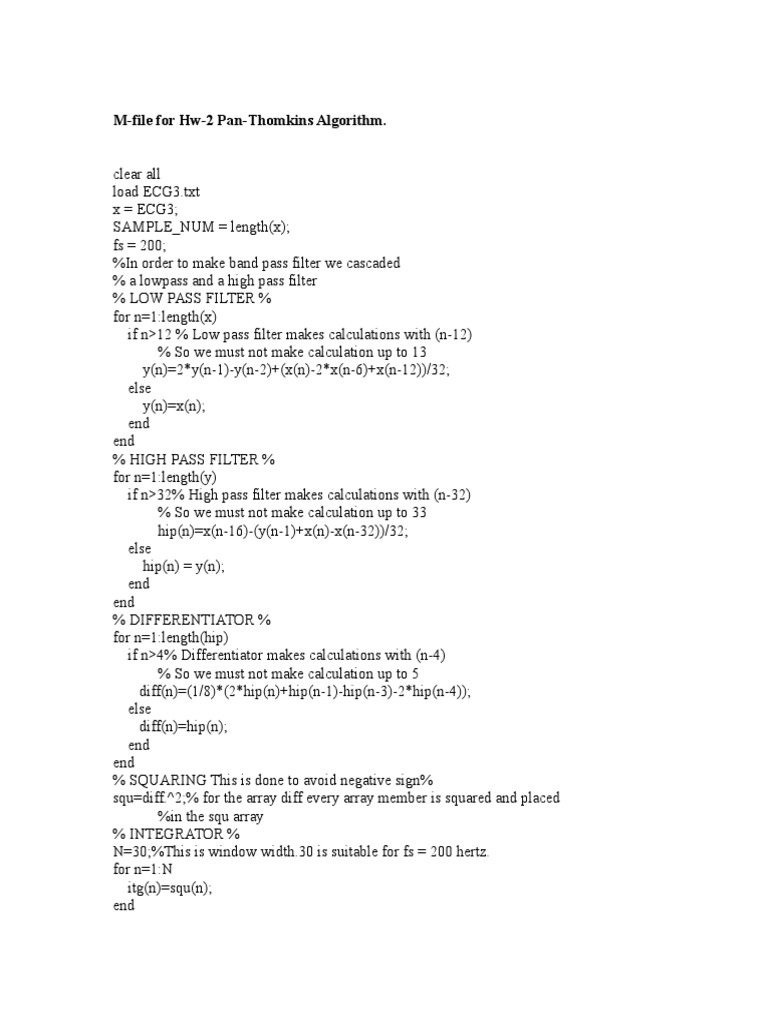 M-File For Hw-2 Pan-Thomkins Algorithm | PDF | Applied Mathematics | Algorithms