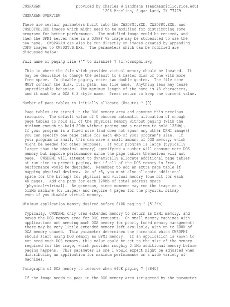 CWSDPMI.EXE Parameter Guide | PDF | Dos | Computer Data Storage
