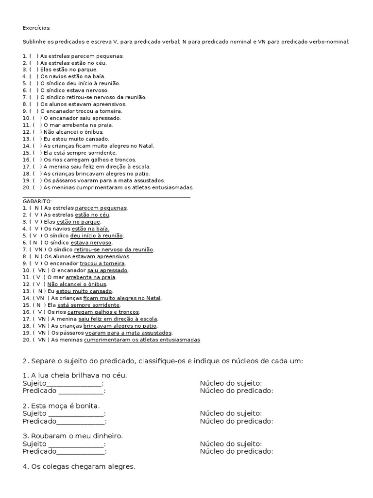 Exercícios sobre Predicado Verbal e Nominal | PDF | Predicado ...