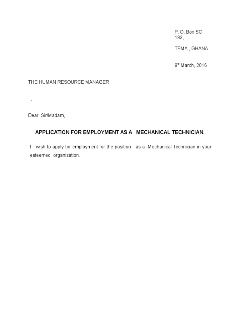 P. O. Box SC 193, Tema, Ghana: Application For Employment As A ...