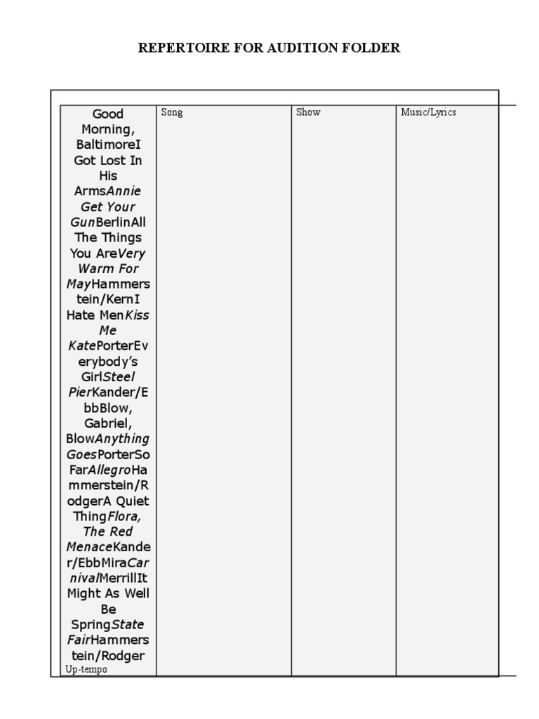 Repertoire For Audition Folder: Get Your Gunberlinall | PDF