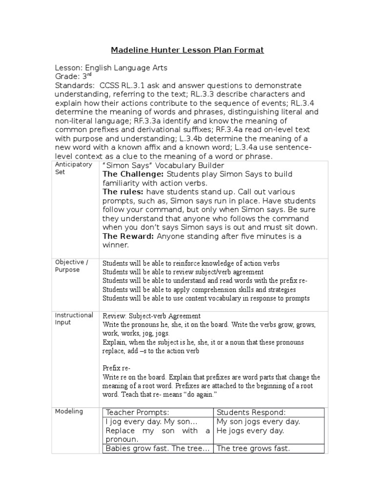 Madeline Hunter Lesson Plan Format | PDF | Verb | Reading Comprehension