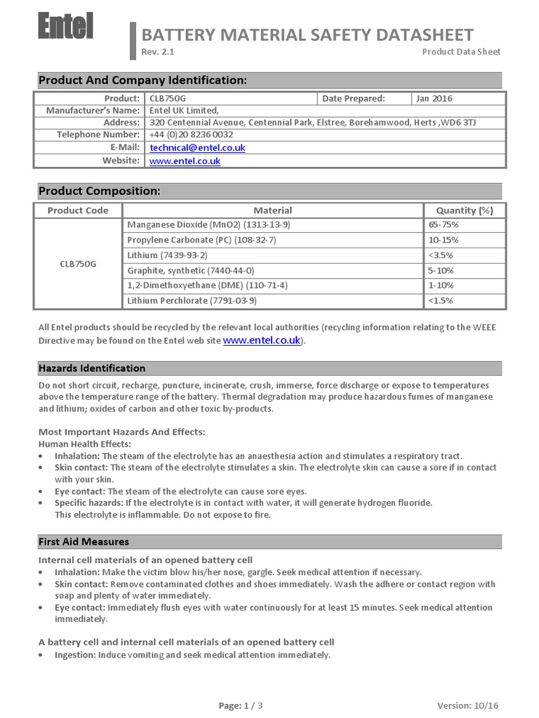MSDS CLB750G | PDF | Lithium | Battery (Electricity)
