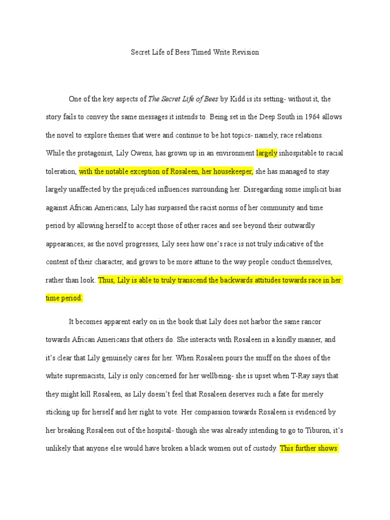 Secret Life of Bees Timed Write Revision | PDF | Racism ...