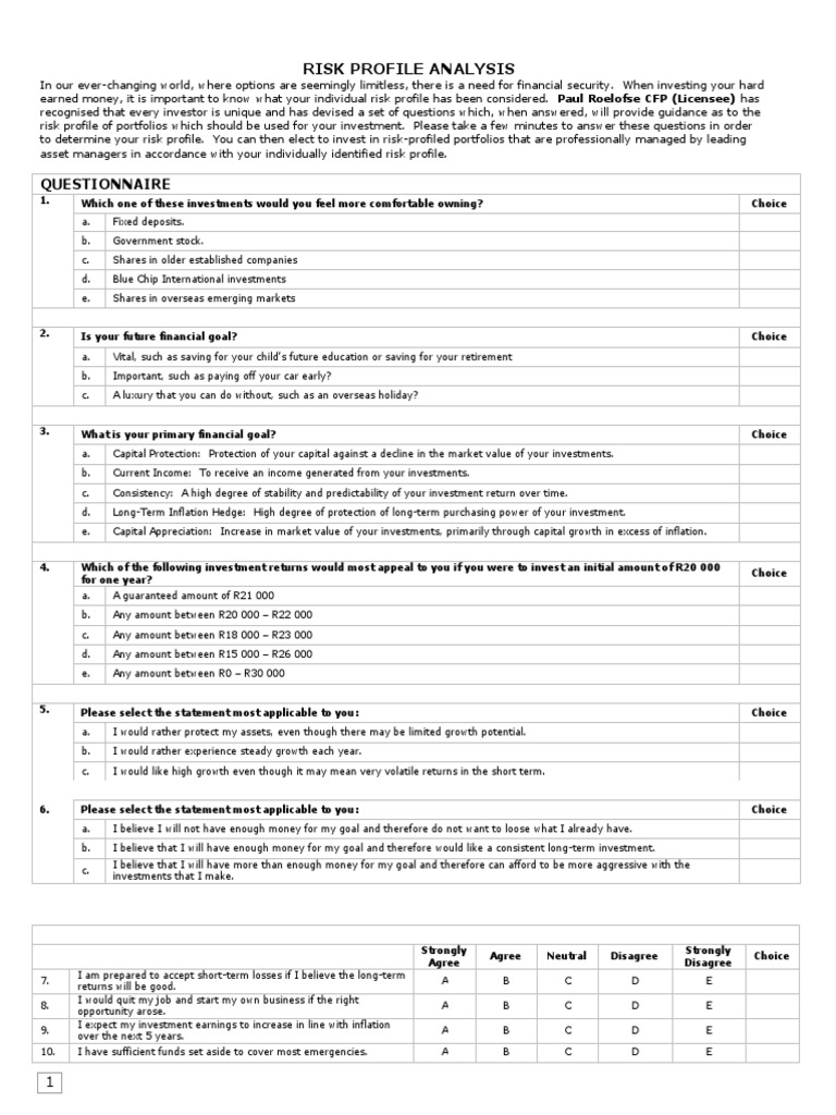 Risk Profile Assessment Questionnaire | PDF | Investor | Investing