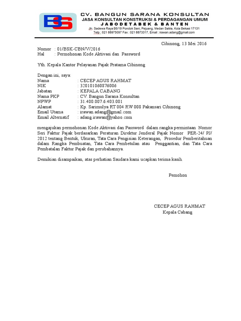 SURAT Permohonan Aktivasi | PDF