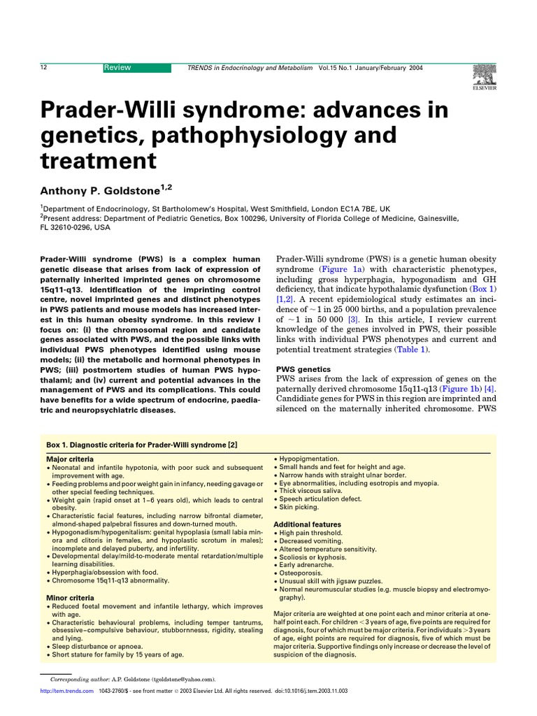 Prader-Willi Syndrome: Advances in Genetics, Pathophysiology and ...