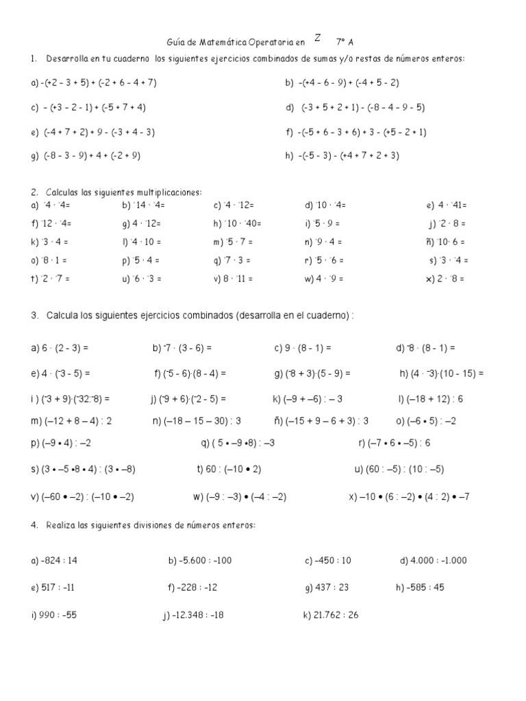 Ejercicios de Matemática Operatoria Z | PDF